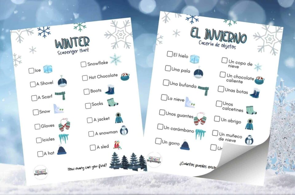 A Free Snowy Winter Scavenger Hunt Printable Worksheet in Spanish and ...