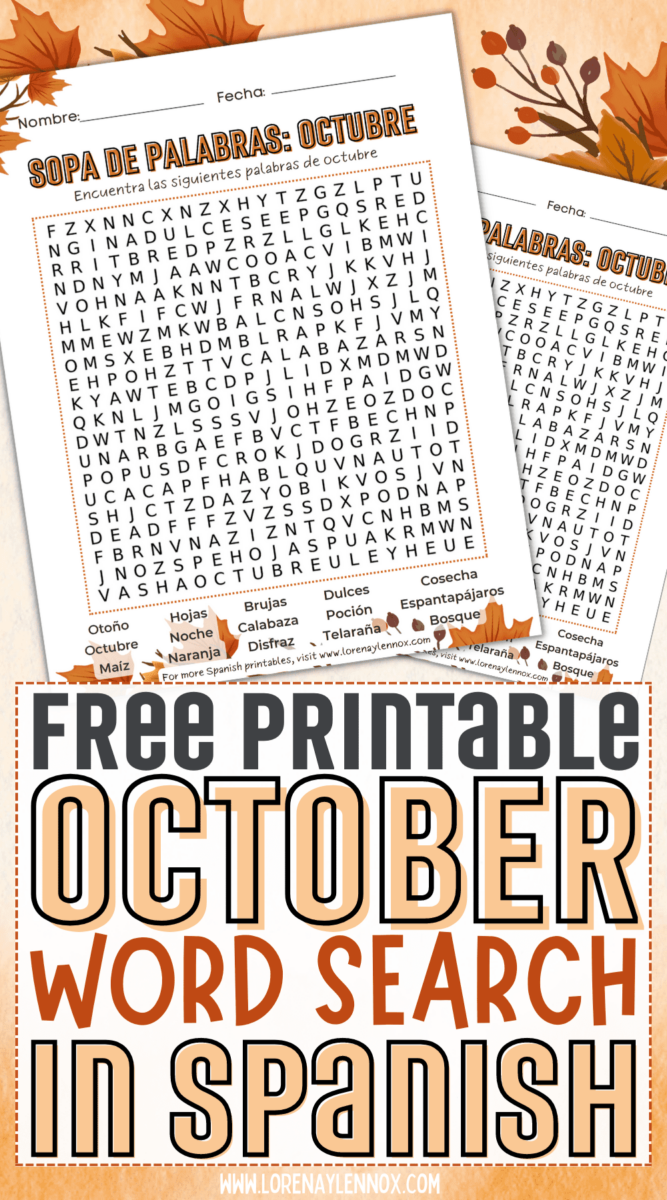 October Word Search Free Printable in Spanish - Bilingual Beginnings