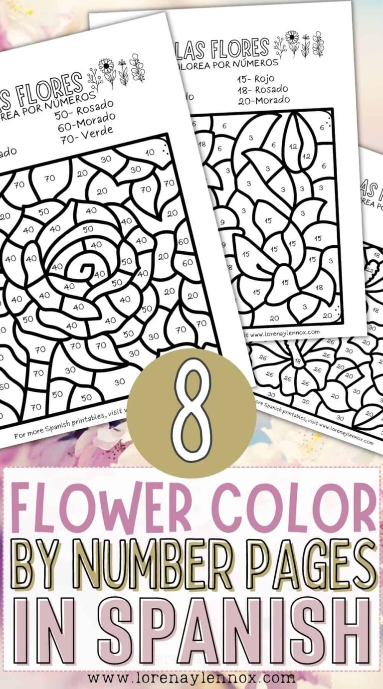 8 Flower Color By Number Coloring Pages for Kids (English and Spanish ...