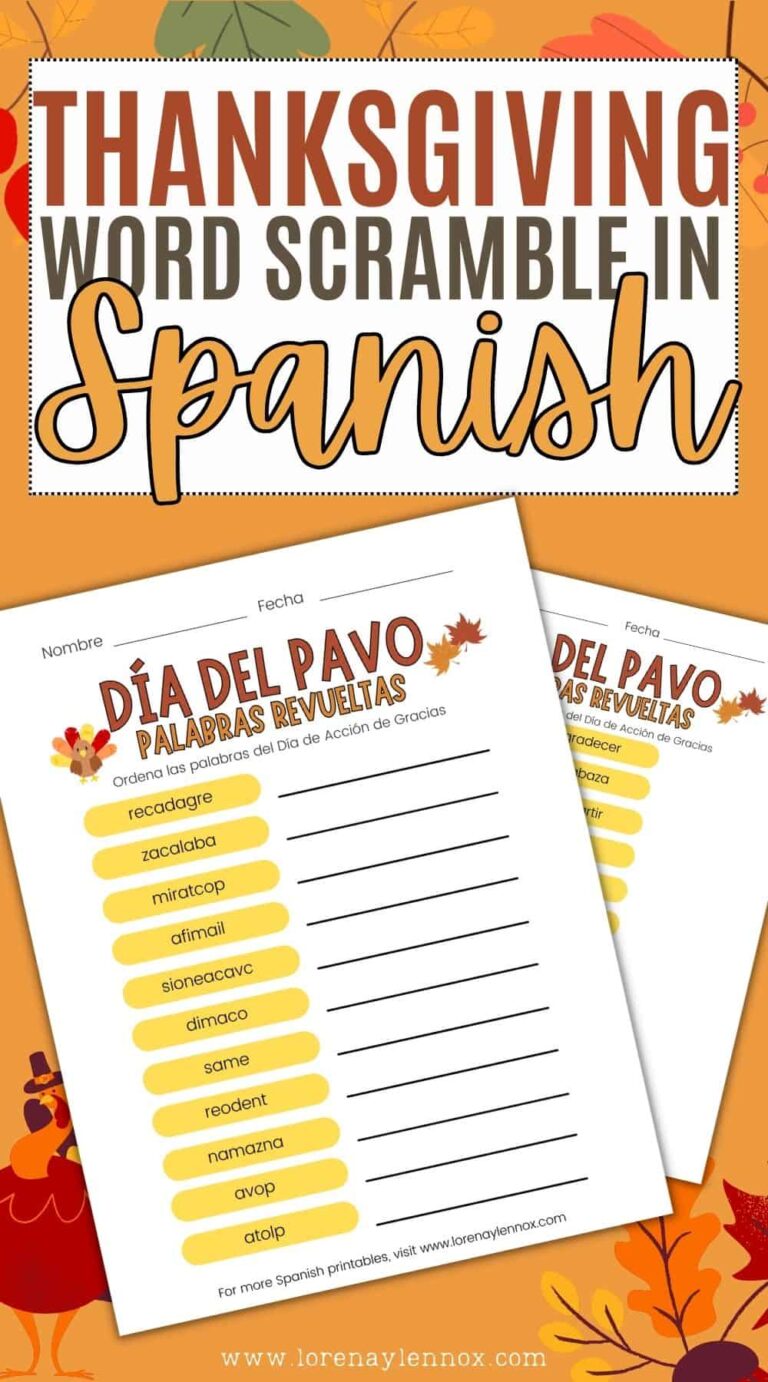 Thanksgiving Word Scramble Printable in Spanish Worksheet For Kids ...